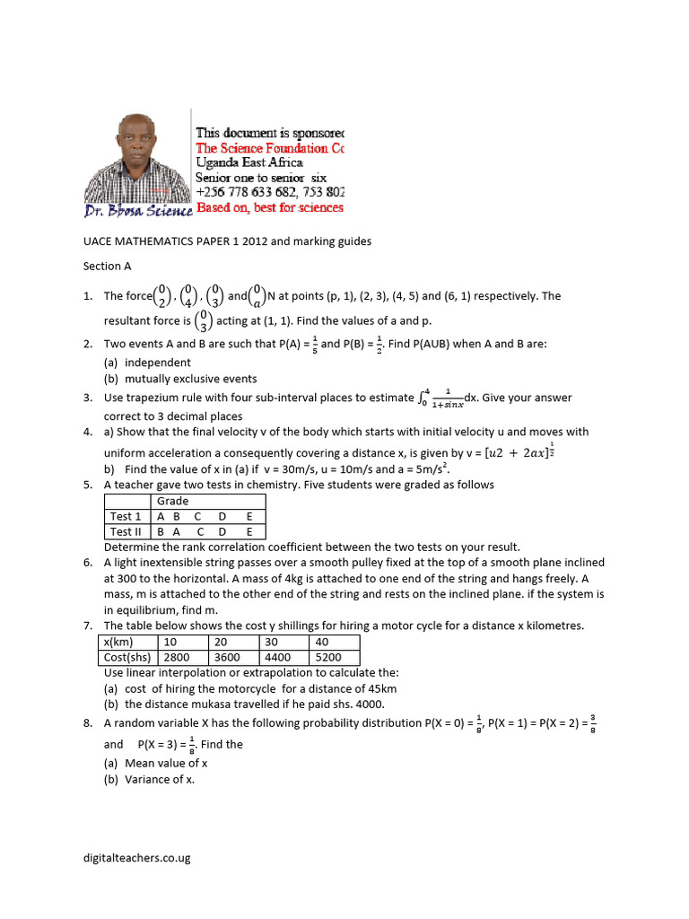 UACE Mathematics Paper 2 Past Exam Guide | PDF | Force | Area