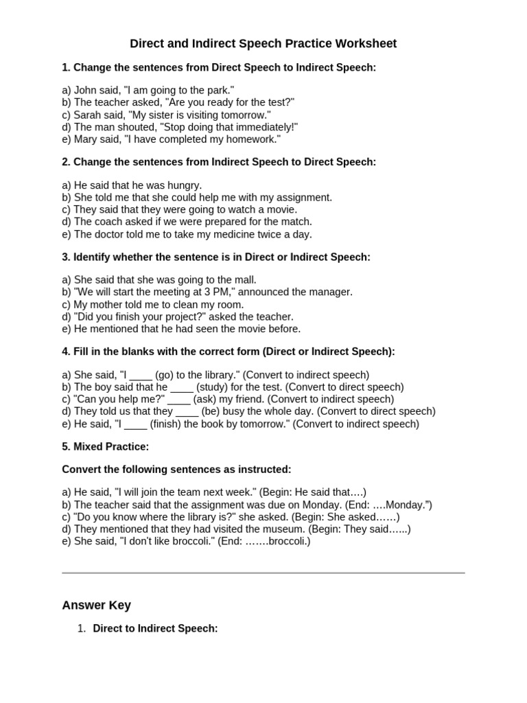 Direct and Indirect Speech Worksheet | PDF