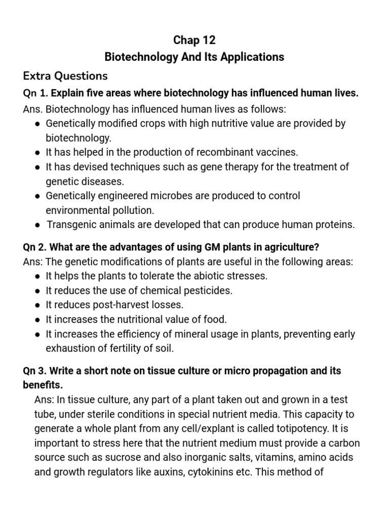 Chap 12 Biotechnology and Its Applications Extra Qns | PDF | Molecular Cloning | Polymerase ...
