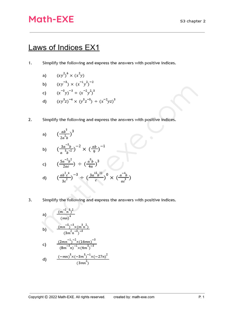 s3 ch2 Laws of Indices Ex1 Eng | PDF | Mathematics | Arithmetic