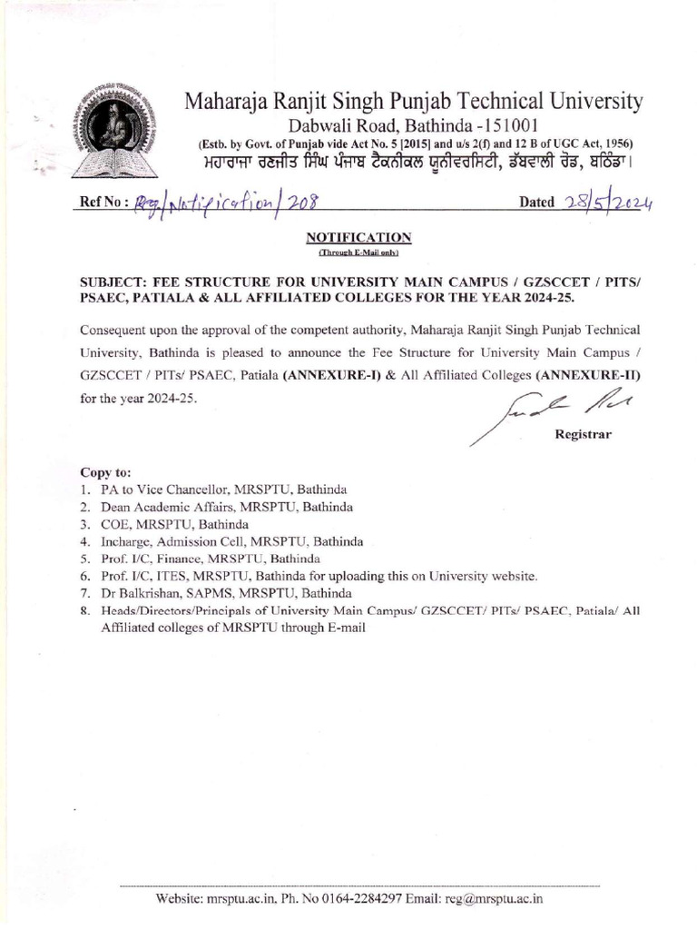 Notification. 208 - Fee Structersity Main Campus - GZSCCET - PITs ...