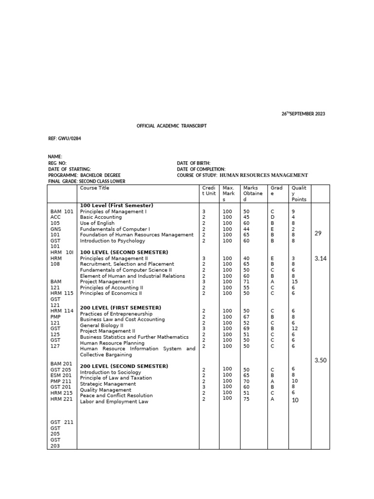 BSC Human Resources Management Transcript Template Lowetr | PDF | Human ...