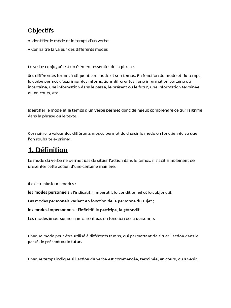 Modes de conjugaison en français | PDF | Temps (grammaire) | Verbe