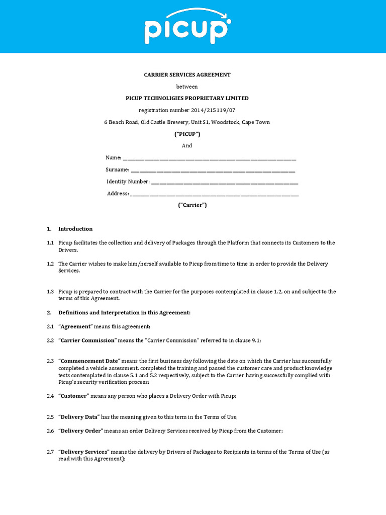 Picup Carrier Services Agreement | PDF | Indemnity | Common Law