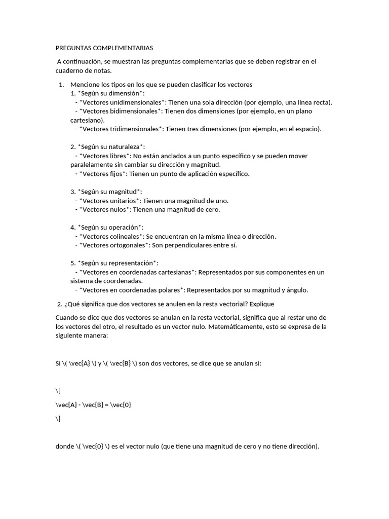 Preguntas Complementarias | PDF | Vector Euclidiano | Fuerza