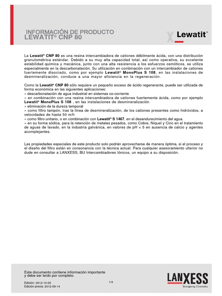 FICHA TECNICA Lewatit-CNP-80-SP-L | PDF | Agua | Ácido