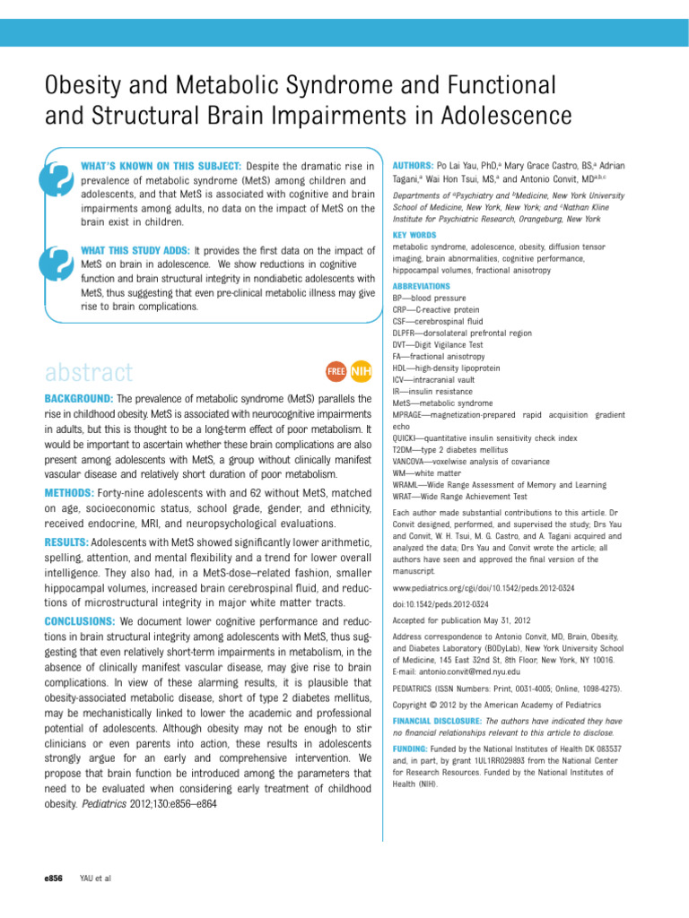 Metabloic Disease Brain Impact Adolescence | PDF | Diabetes | Metabolic ...