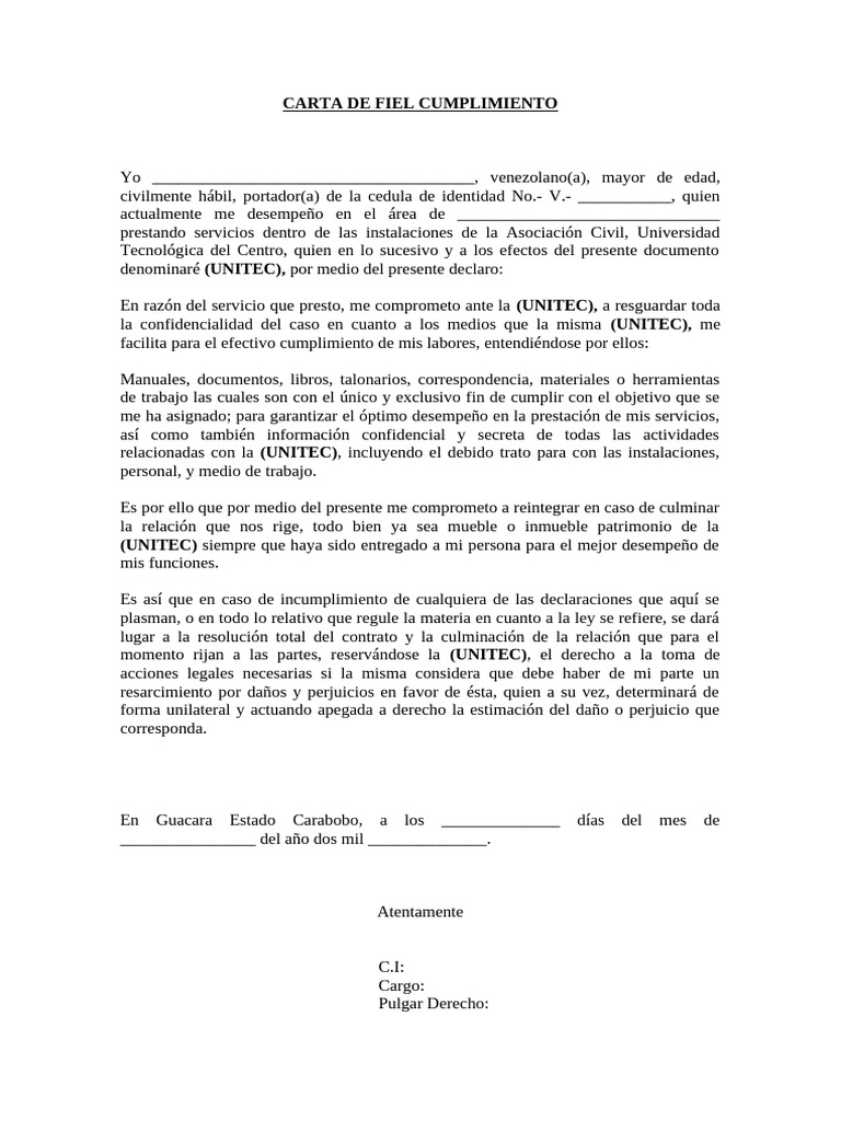 Carta de Fiel Cumplimiento | PDF | Ciencias sociales | Derecho