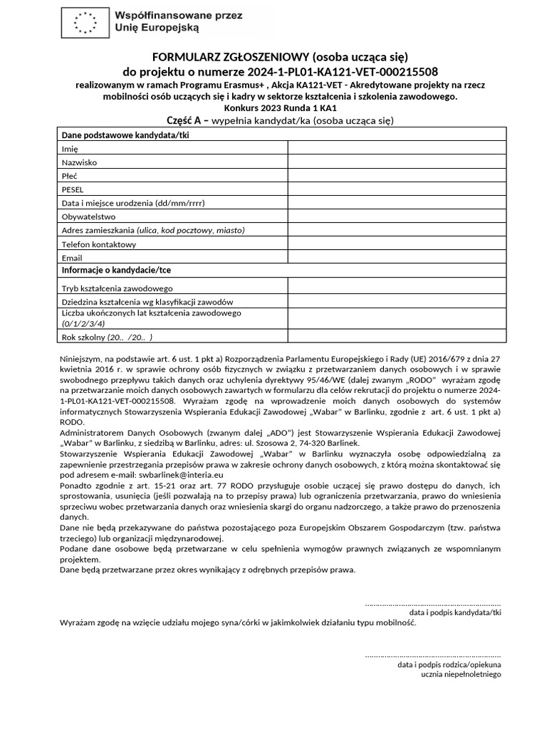 Formularz Rekrutacyjny - Uczeń | PDF