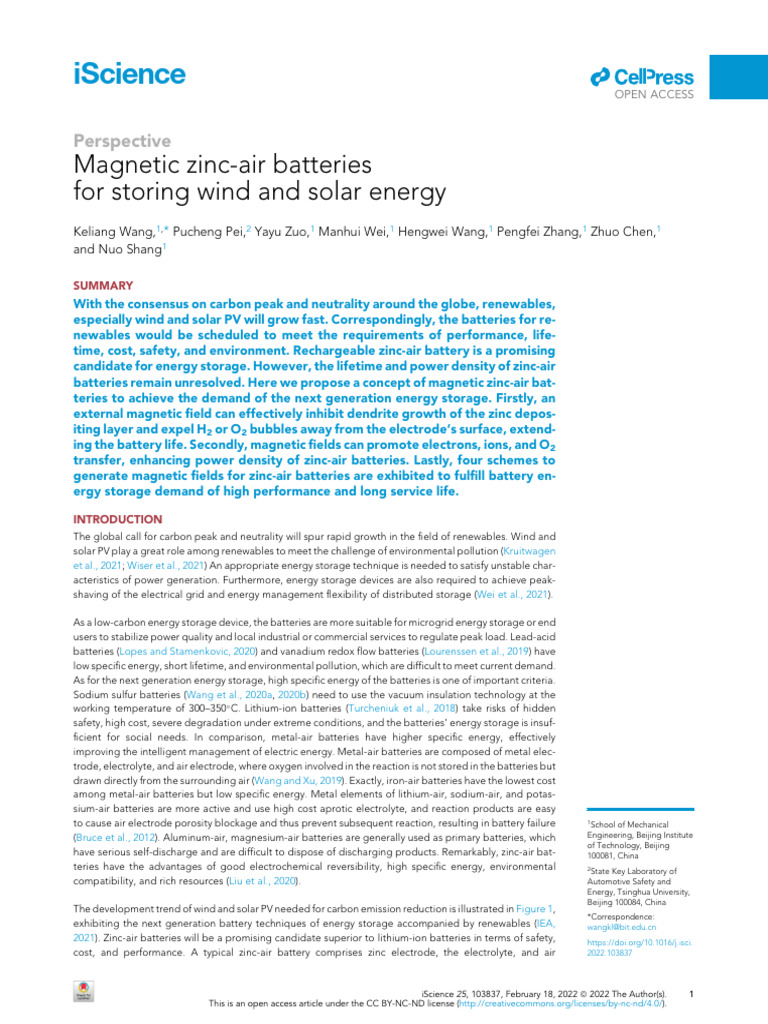 Magnetic Zinc-Air Batteries | PDF | Magnetism | Energy Storage