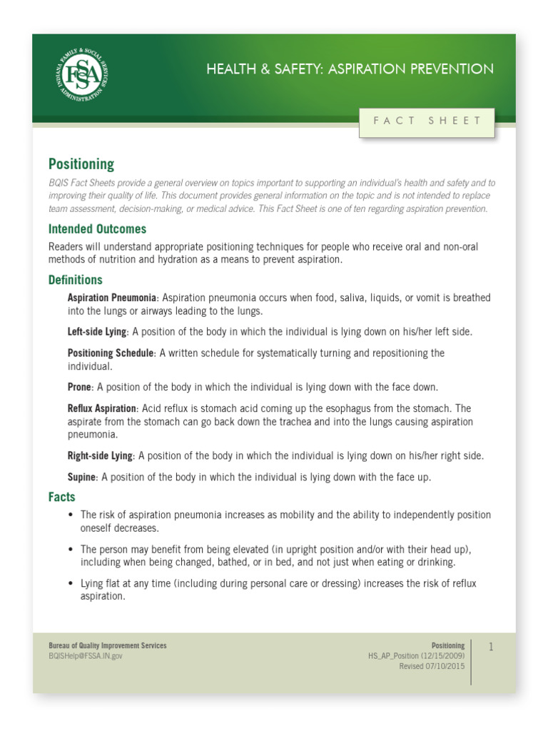 Aspiration Prevention Positioning Guide | PDF | Gastroesophageal Reflux ...