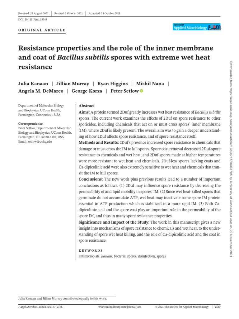 Resistance Properties and The Role of The Inner Membrane and Coat of ...