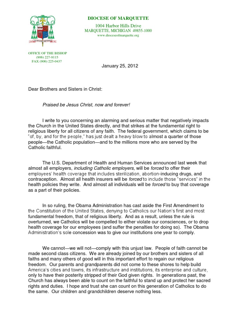 Letter from Bishop Sample on Religious Liberty | Freedom Of Religion ...