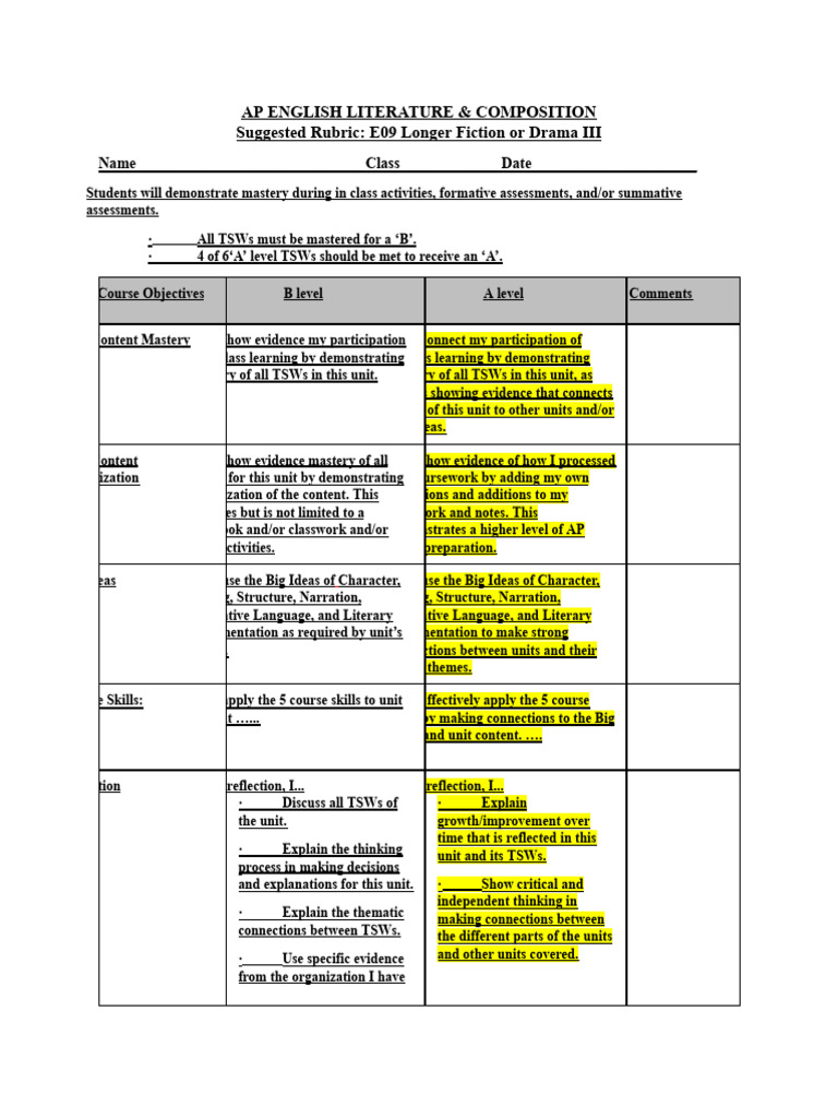 Ap English Literature & Composition Suggested Rubric: E09 Longer ...