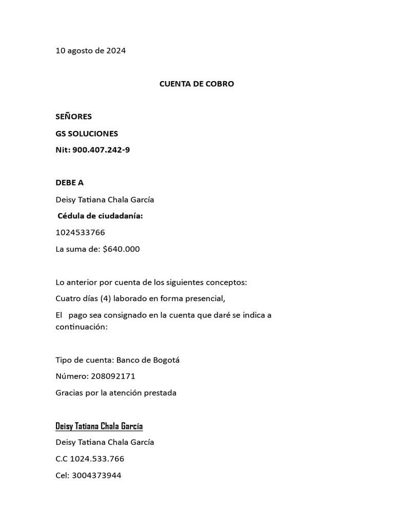 Documento Cuenta Cobro Tatiana | PDF | Negocios | Derecho