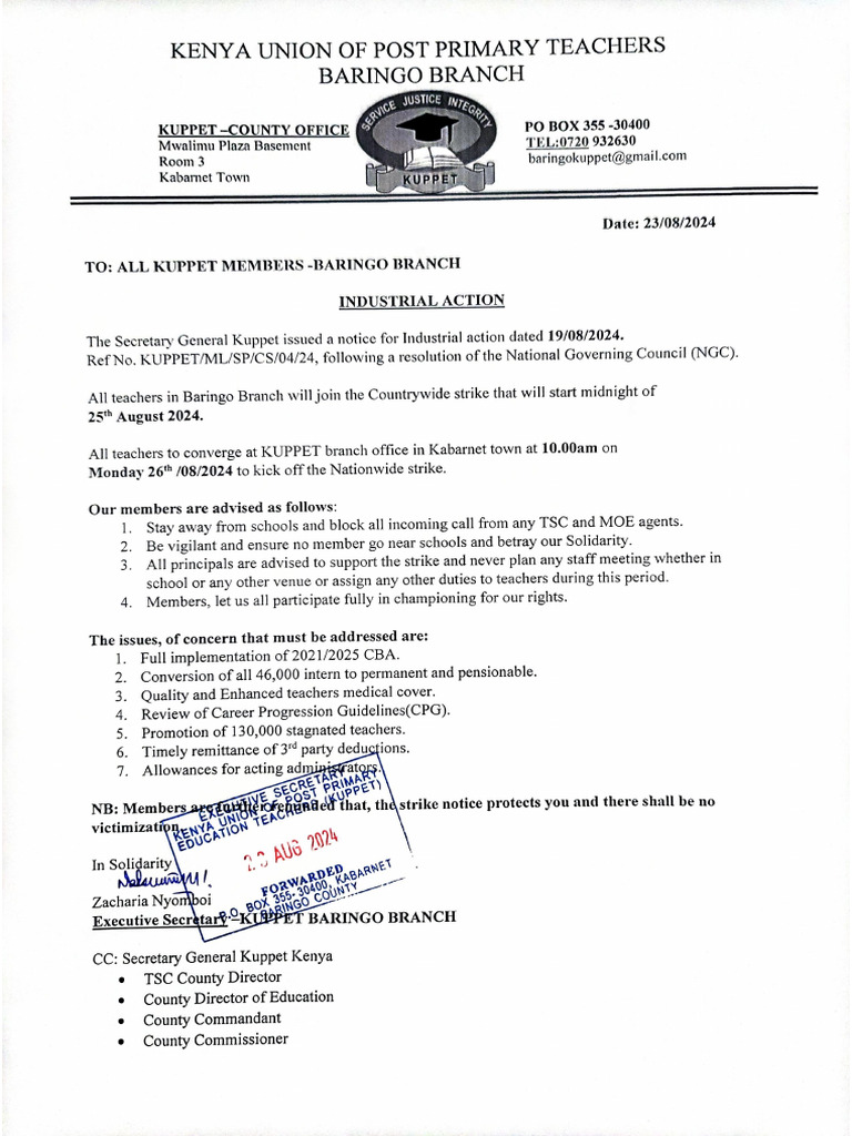 Kuppet Baringo Branch Strike Notice - 240823 - 190908 | PDF
