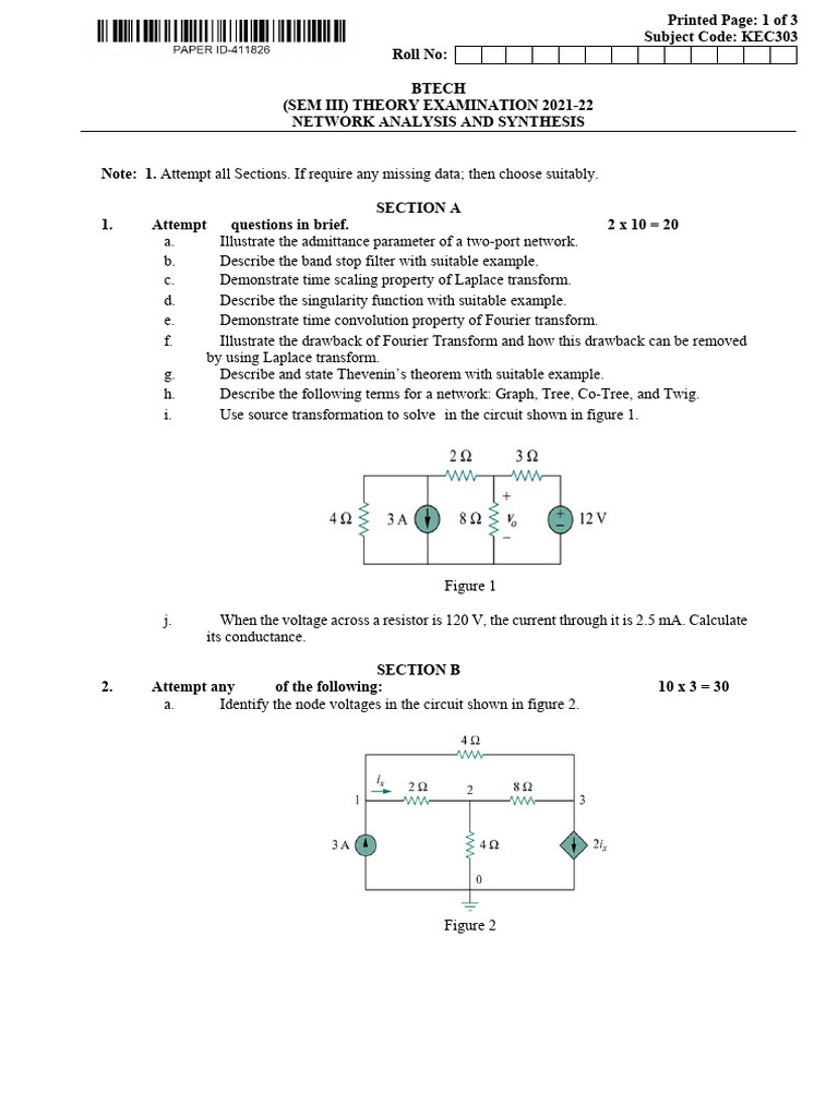 Btech Ec 3 Sem Network Analysis and Synthesis Kec303 2022 | PDF | Network Analysis (Electrical ...