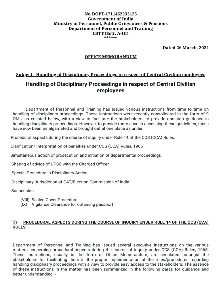 Subject - Handling of Disciplinary Proceedings in Respect of Central ...