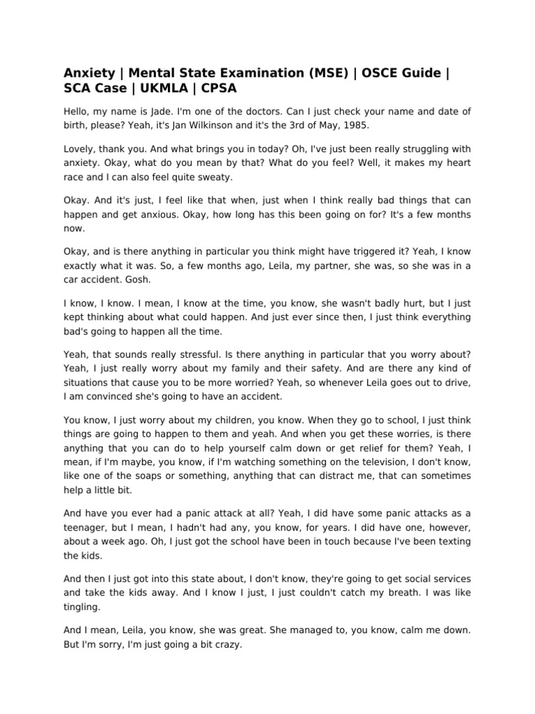 Anxiety Mental State Examination (MSE) OSCE Guide SCA Case UKMLA CPSA ...