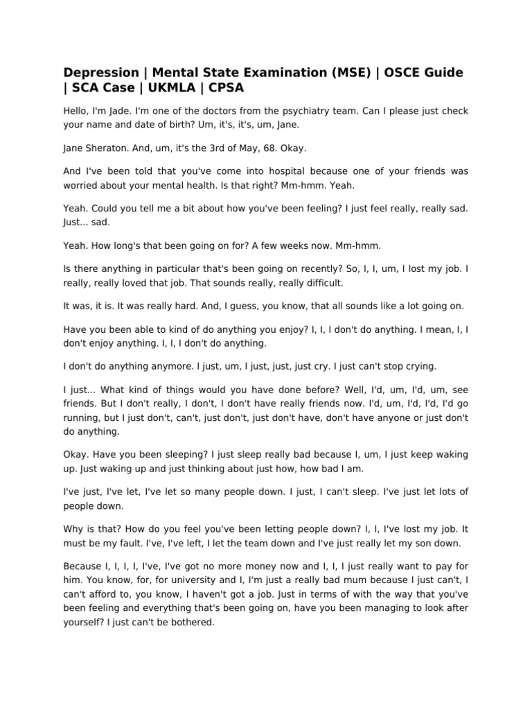 Depression Mental State Examination (MSE) OSCE Guide SCA Case UKMLA ...