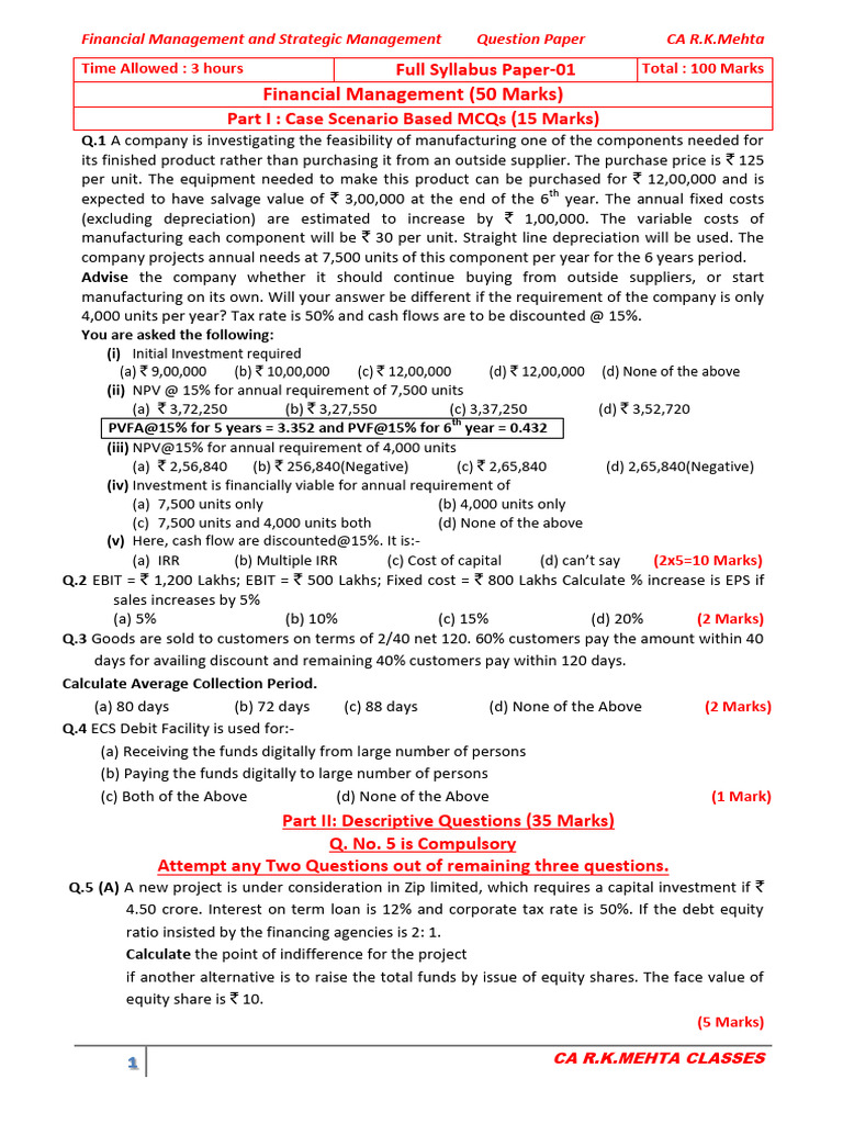 FM SM Full Syllabus Test Paper 01 | PDF | Equity (Finance) | Loans