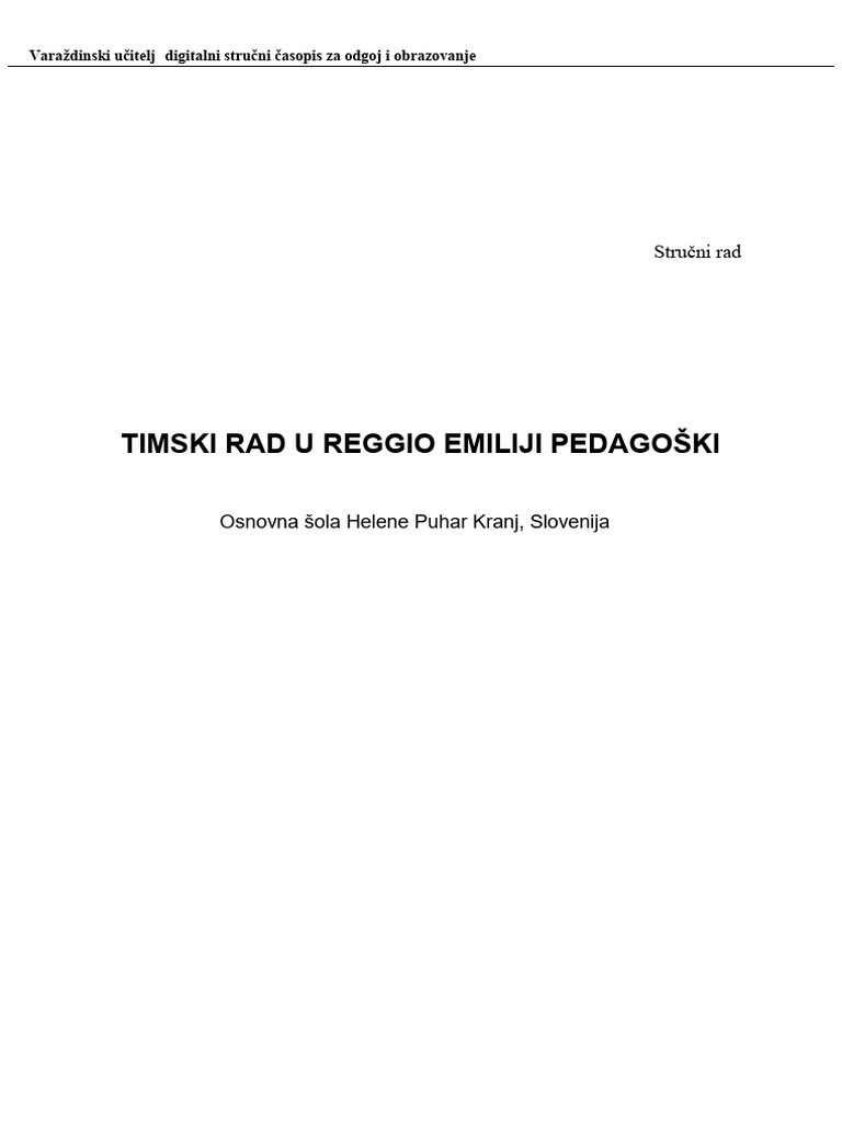 TIMSKI RAD U REGGIO EMILIJI PEDAGOŠKI KONCEPT Članak | PDF