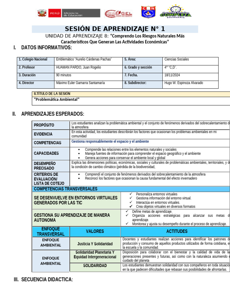 Jrhp-Sesion CCSS 4° Sec-Semana 01 Uni 8 | PDF | Maestros | Entorno natural