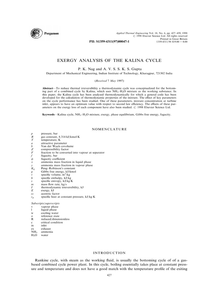 EXERGY ANALYSIS OF THE KALINA CYCLE-libre | PDF | Phase (Matter ...