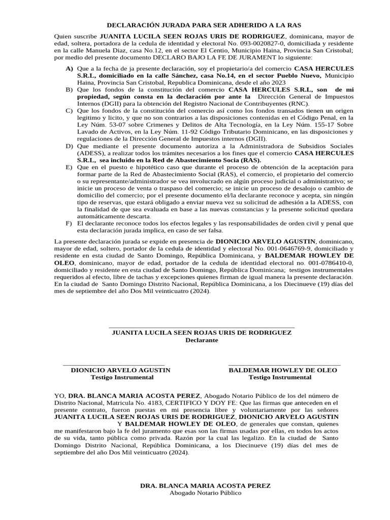 Declaración Jurada para RAS | PDF | Documento de identidad | República ...