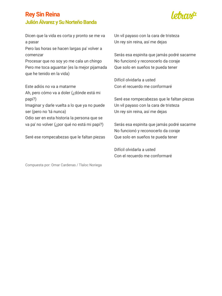 Letra de "Rey Sin Reina" de Julión Álvarez | PDF | Poesía