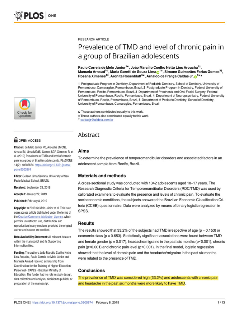 Prevalence of TMD and Level of Chronic Pain in A G | PDF | Clinical ...