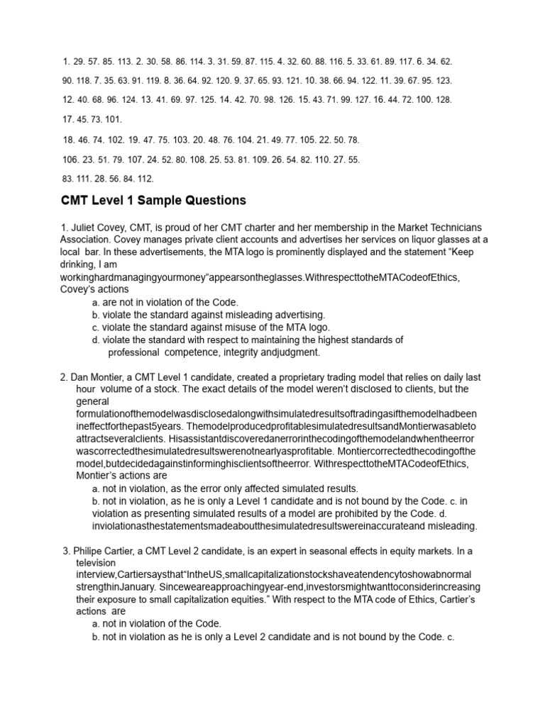 CMT Level 1 Sample Questions & Ethics | PDF | Market Trend | Investing