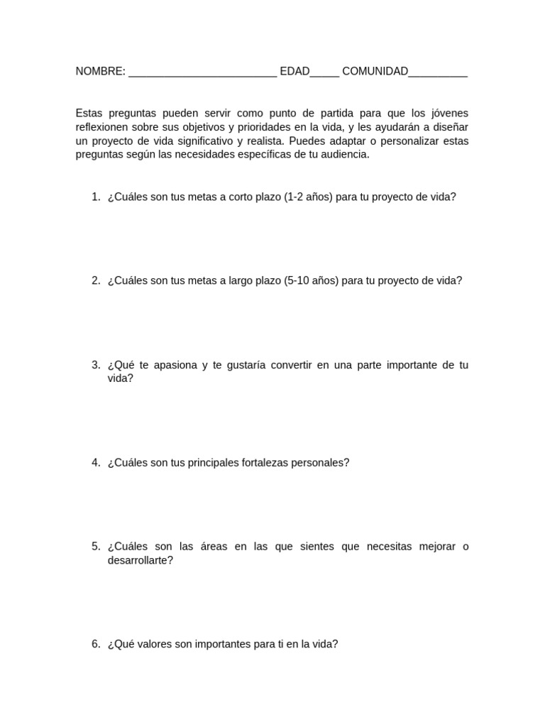 20 Preguntas para tu Proyecto de Vida | PDF