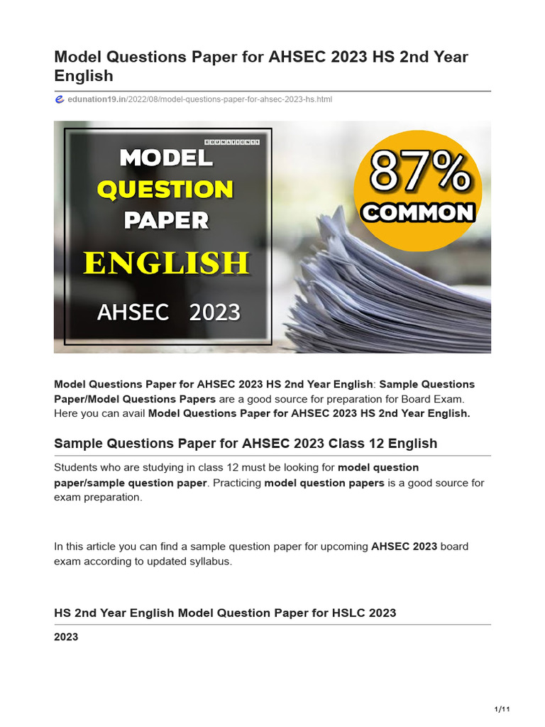 Edunation19.in-Model Questions Paper For AHSEC 2023 HS 2nd Year English ...
