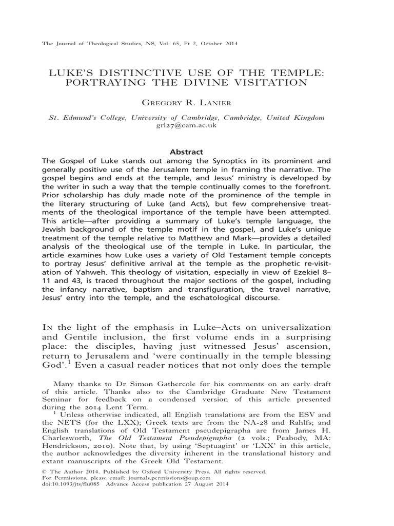 Luke's Temple Theology and Divine Visitation | PDF | Acts Of The ...