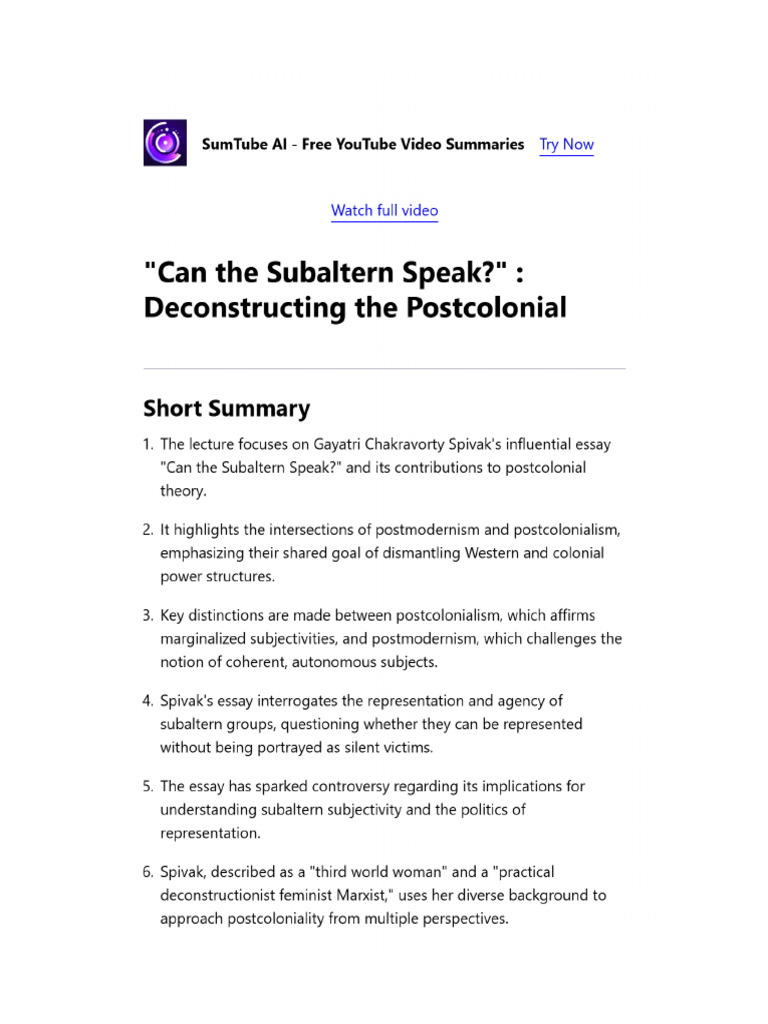 Can The Subaltern Speak Deconstructing The Postcolonial | PDF