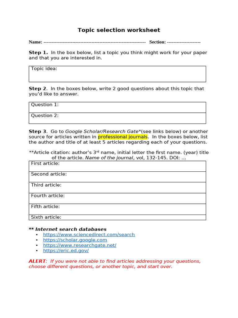 Topic Selection Worksheet 4 | PDF | Computers