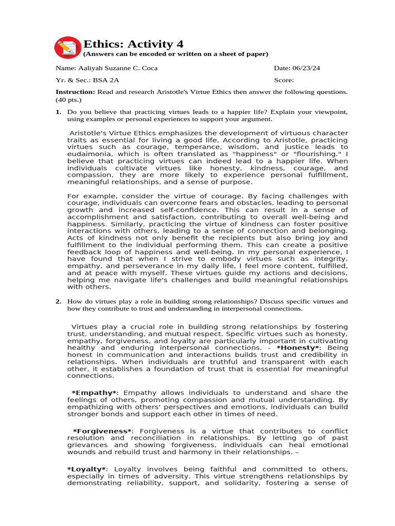 Ethics - Act 4 | PDF | Integrity | Virtue