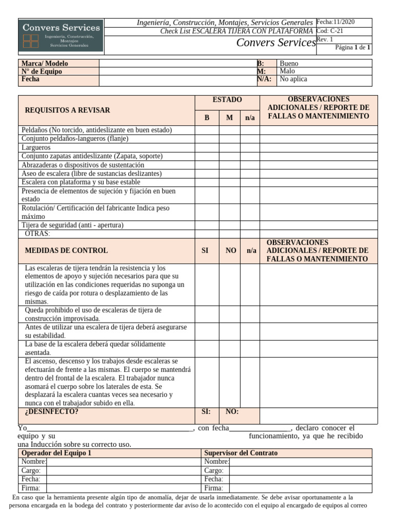 C-20 Check List Escalera Tijera Con Plataforma | PDF | Escalera