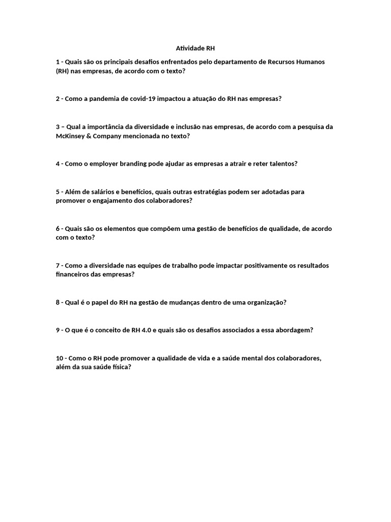 Atividade RH | PDF | Carreira e Crescimento | Negócios