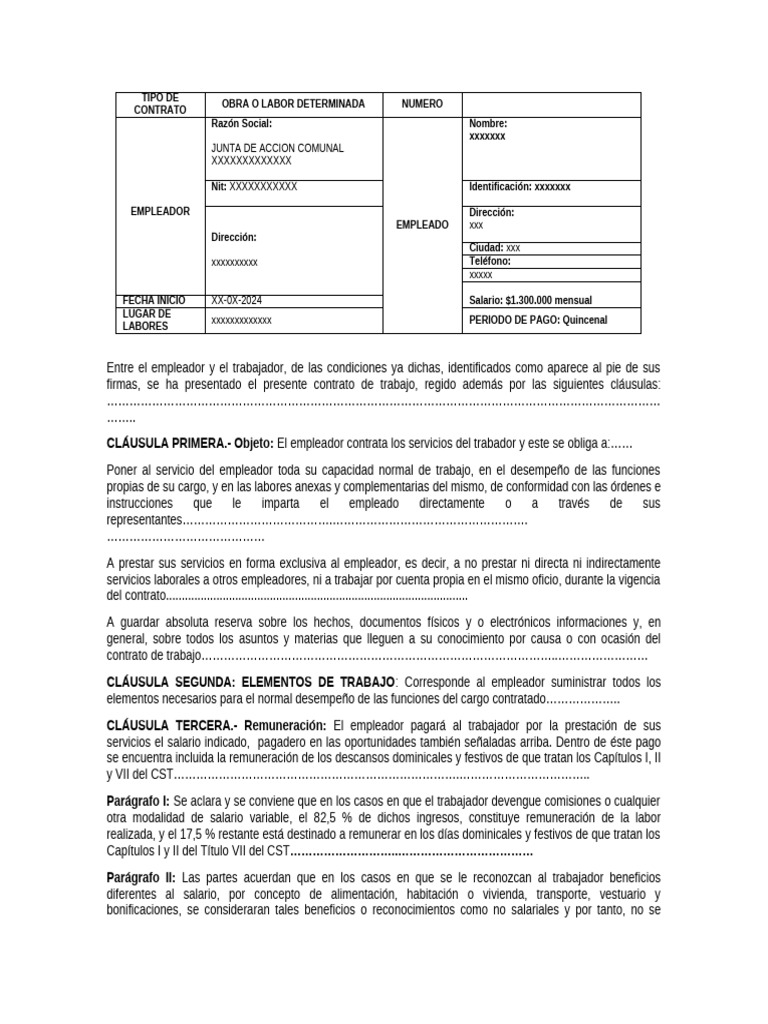 Modelo de Contrato Obra Labor Ayudantes y Oficiales | PDF | Salario ...
