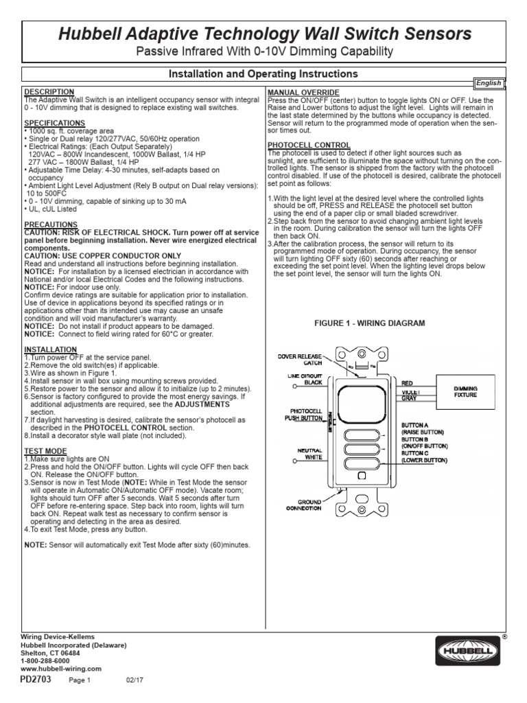 V123-5016476 - Hubbell Wiring APD2000BK1 DIM OCC PIR WALL SW1 RLY 120 ...