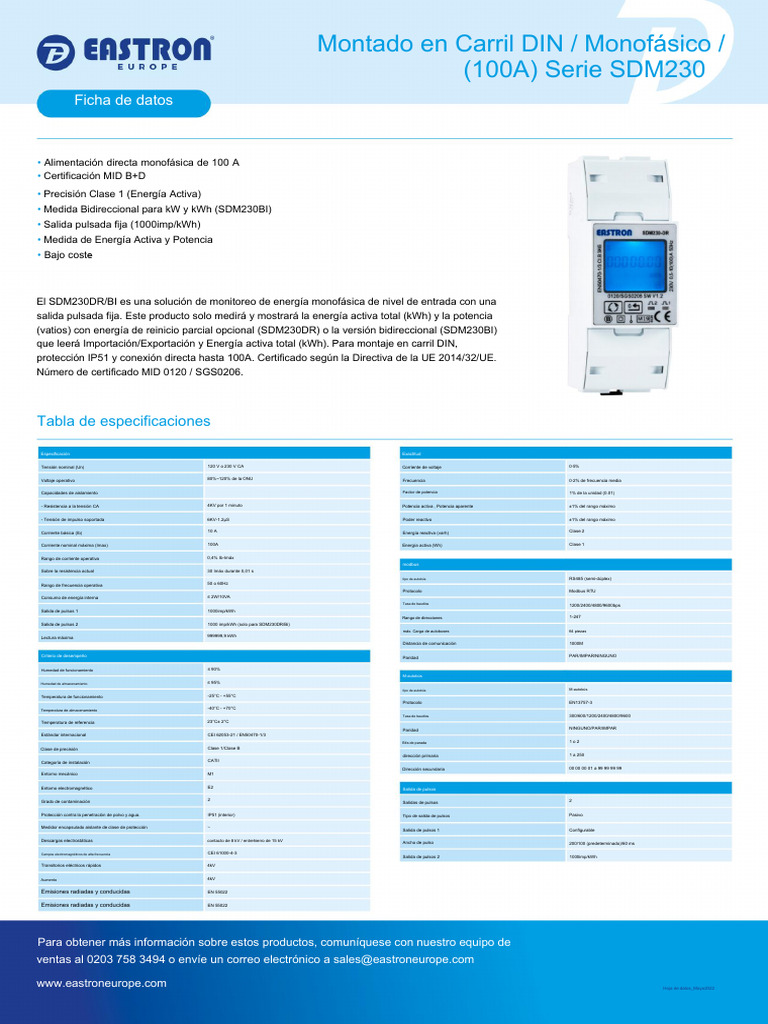 EASTRON SDM230 - Ficha Técnica ES METER | PDF | Energia electrica | Vatio