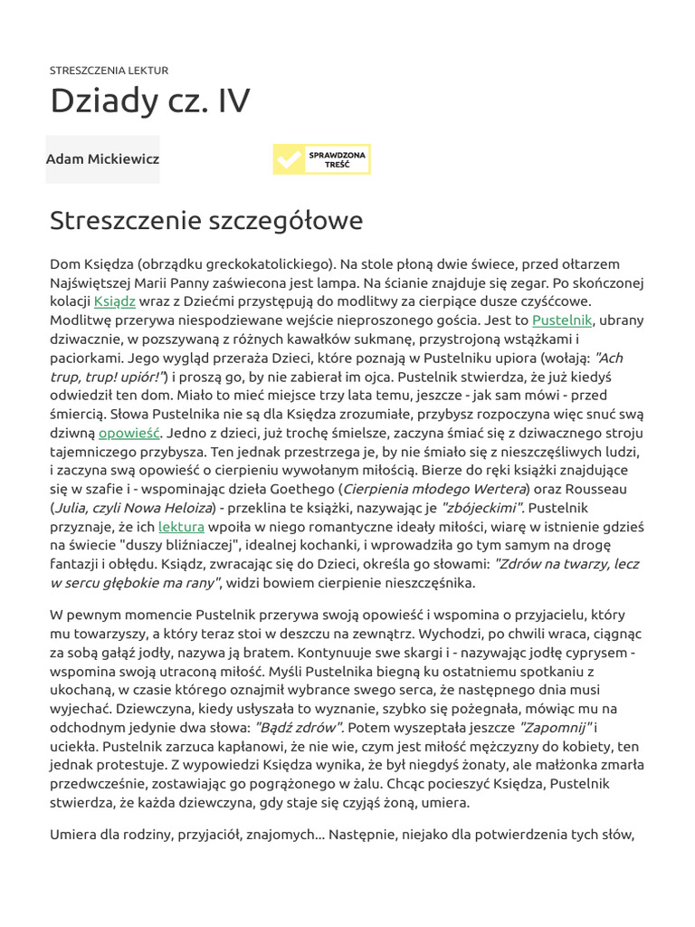 Dziady Cz. IV - Streszczenie Szczegółowe - Adam Mickiewicz - Bryk - PL | PDF