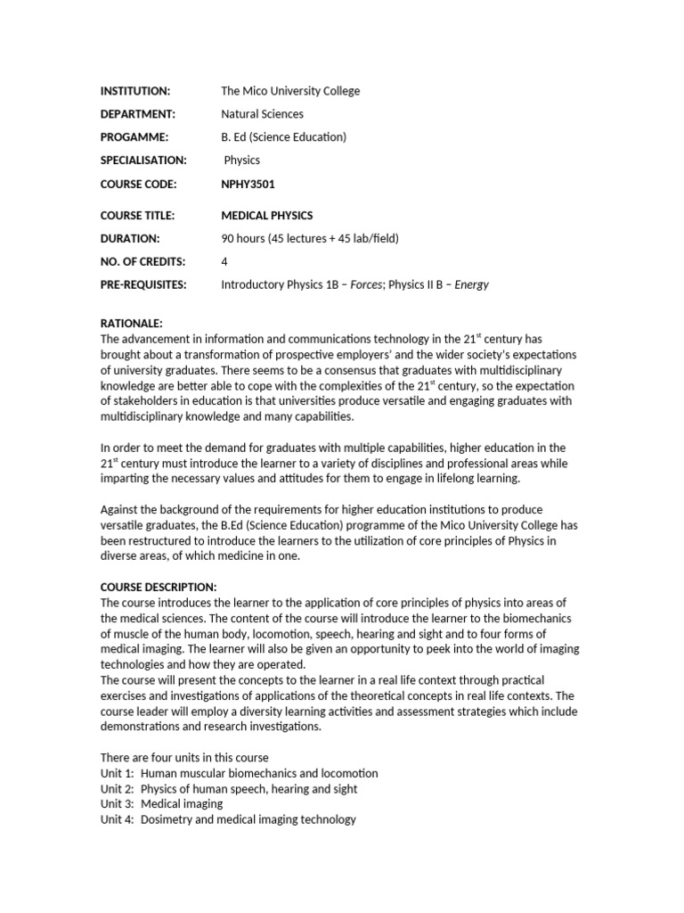 Course Outline - Phys - Medical Physics - Jan2017 | PDF | Medical Imaging | Muscle Contraction