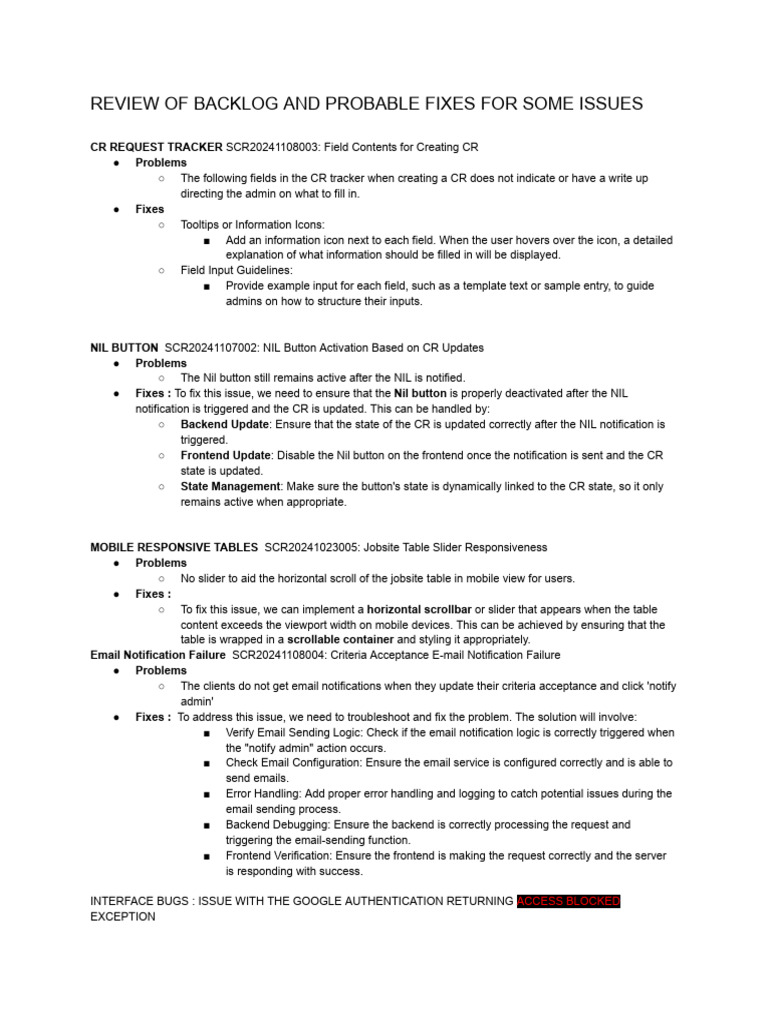 Review of Backlog and Probable Fixes For Some Issues | PDF | Computer ...