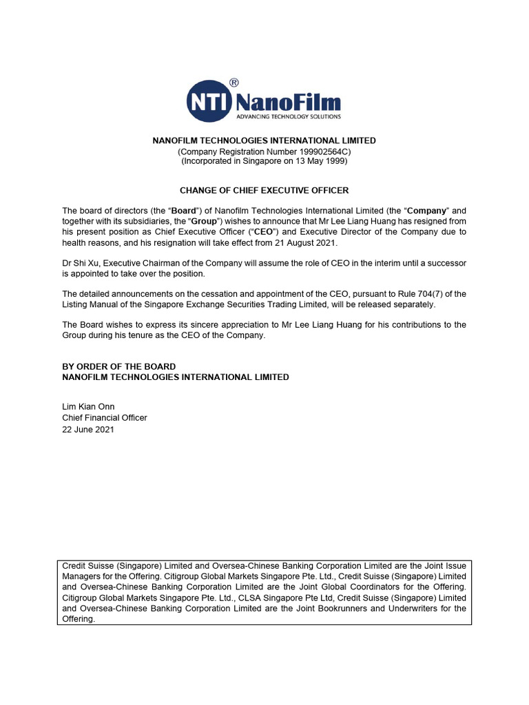 NTI - Change of CEO | PDF | Business