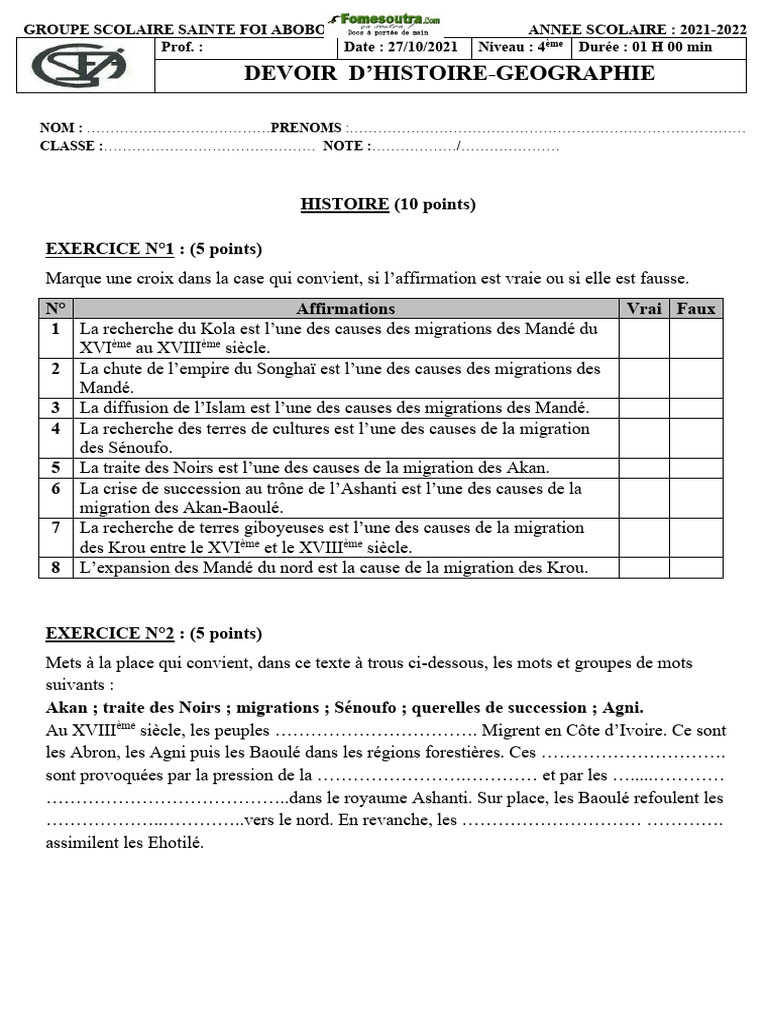 Devoir H.G 4ème M. Audony | PDF