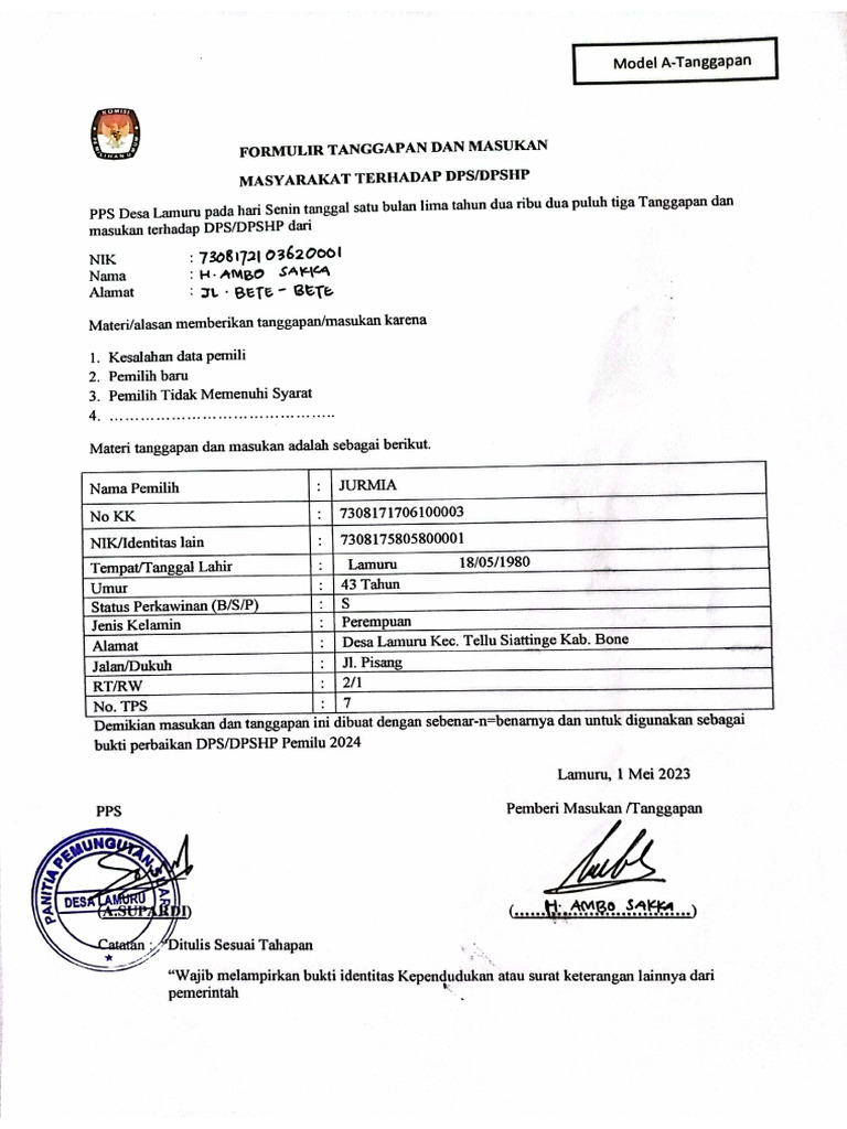 Formulir Tanggapan Dan Masukan Masyarakat TPS 7 | PDF