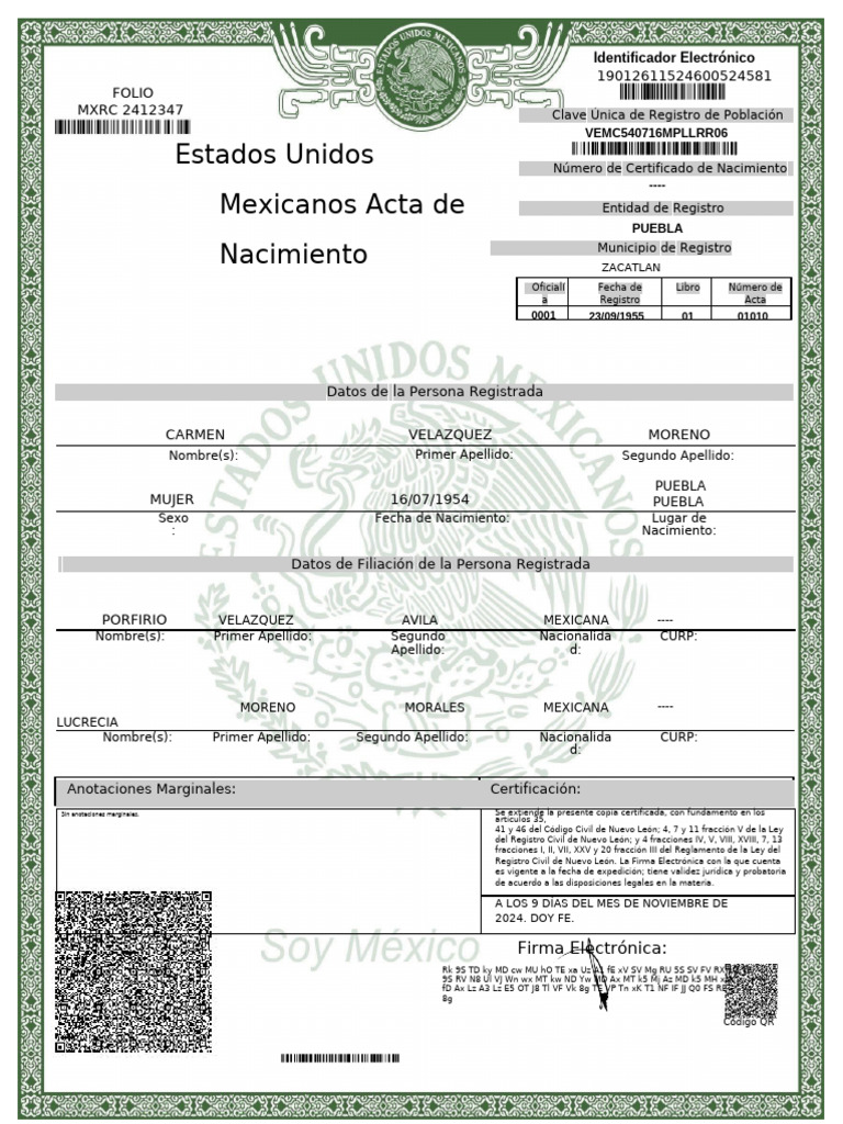 Acta de Nacimiento Carmen Velazquez | PDF | Control de acceso | Documento